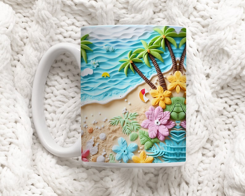 3D Beach Mug, Palm Tree Mug, Sunset Beach Mug, Beach Mug, Coastal ...