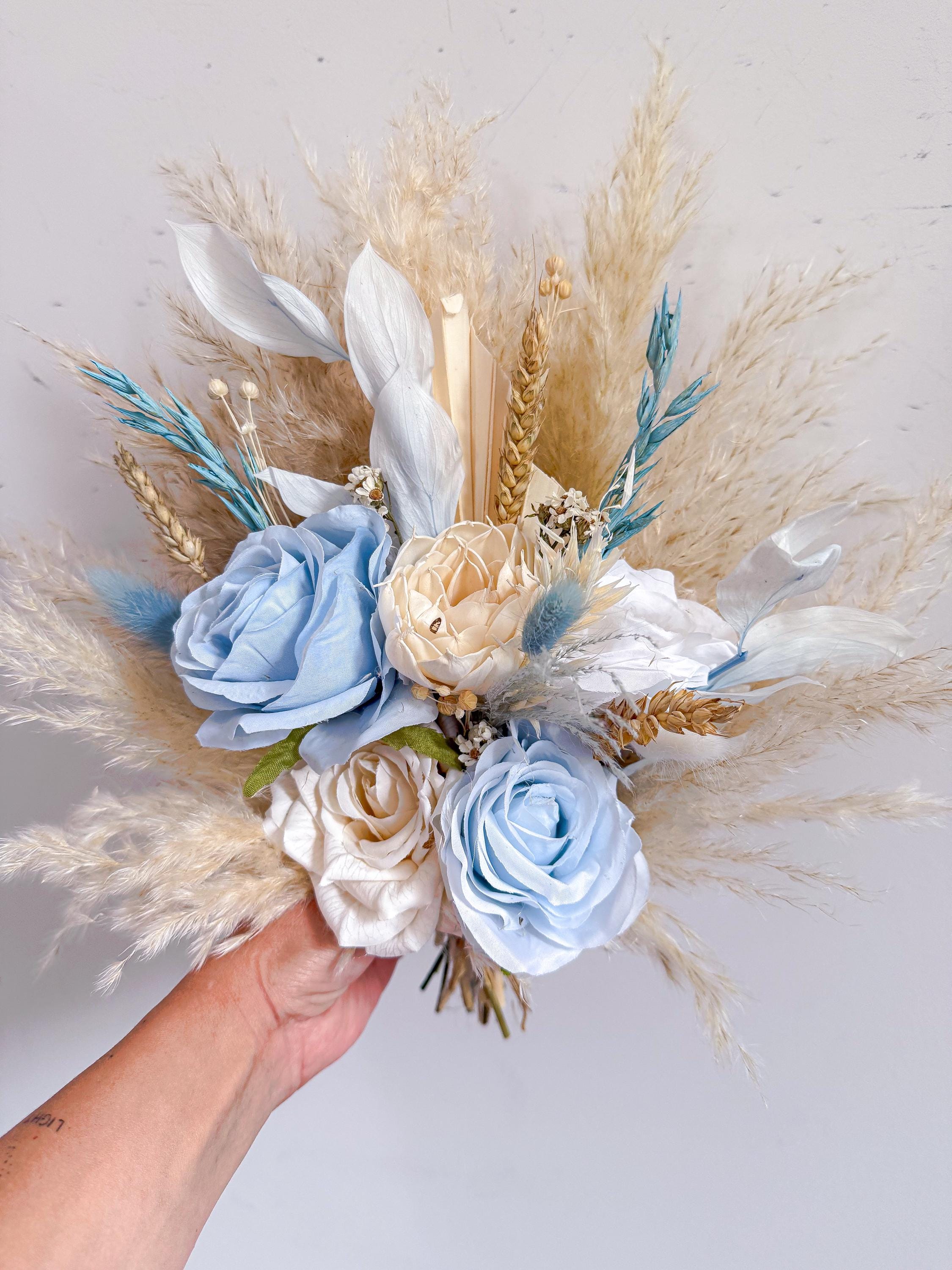 Dusty Pale Blue Dried Flower Bridal Bouquet: Pampas Grass Boho Wedding ...