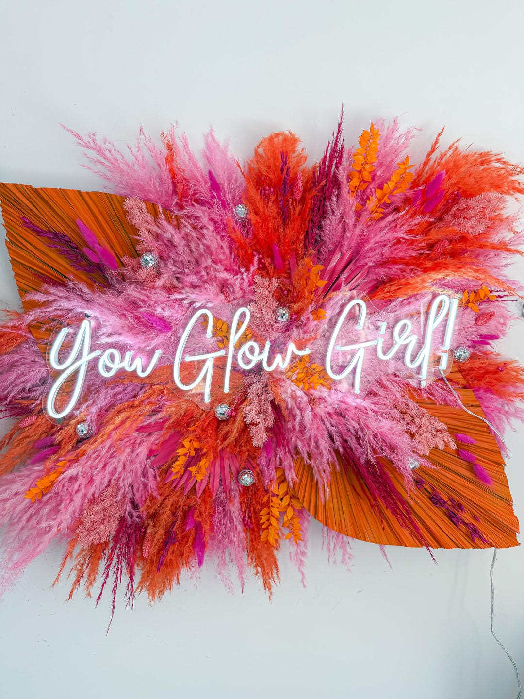 Pink Pampas & Neon Sign: Custom Floral Disco Ball Wedding Backdrop - Etsy