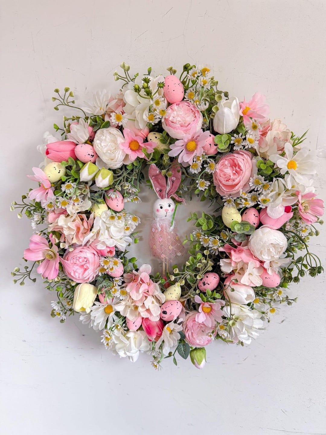 Bunny Easter Wreath: Handmade Spring Door Decor With Faux Peonies ...