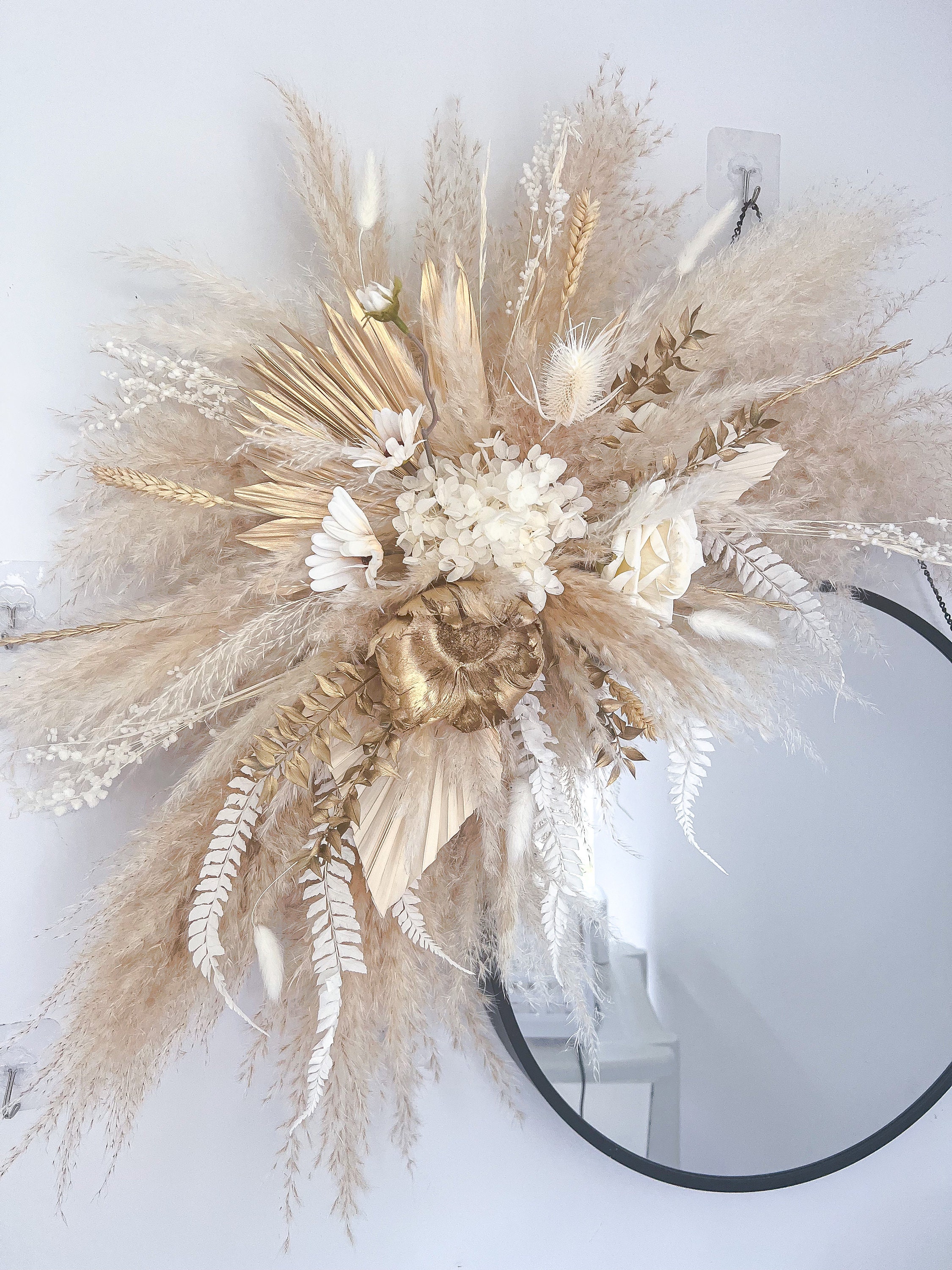 Pampas Grass Flower Decor: White & Gold Salon Mirror Display - Etsy