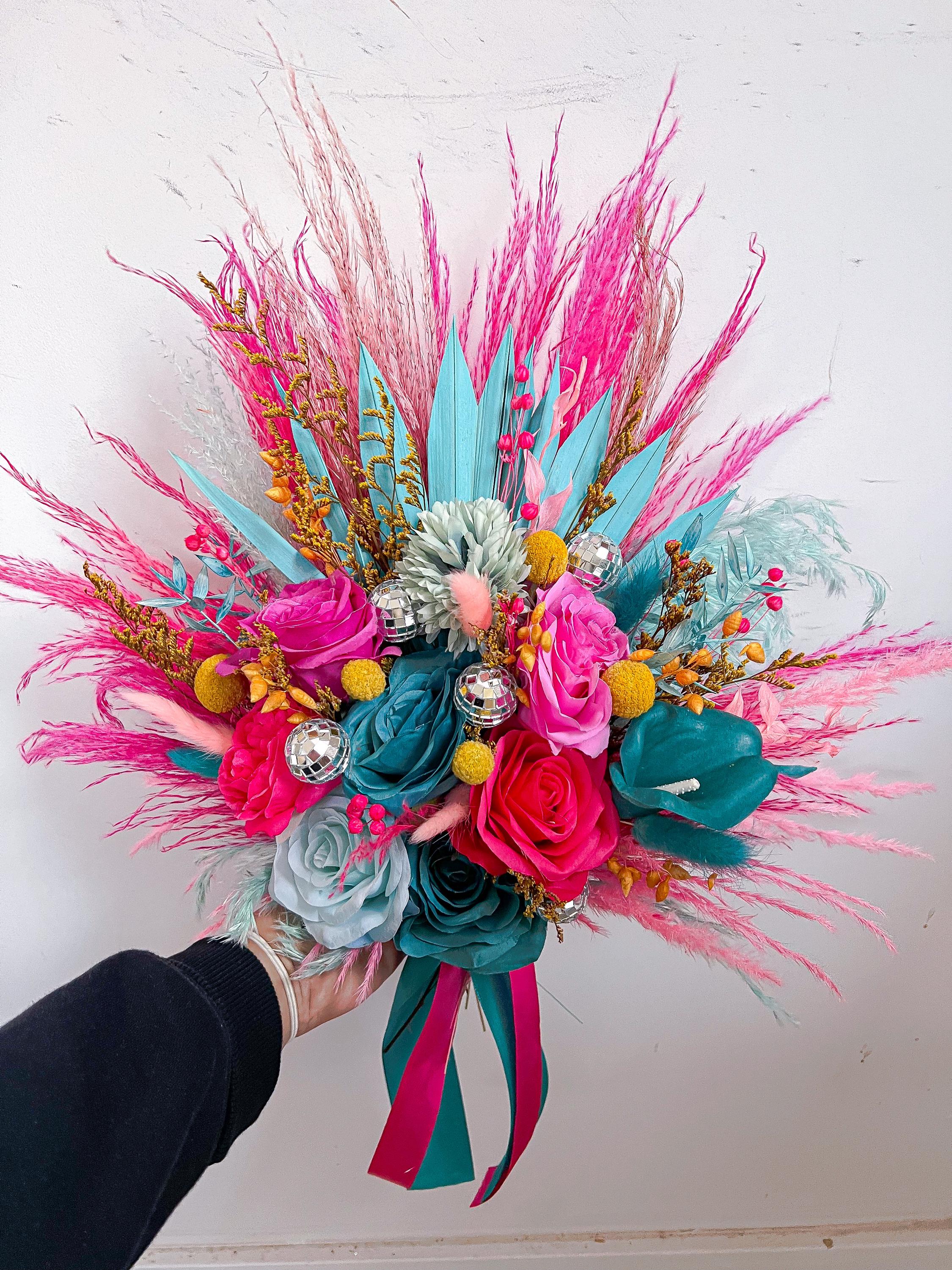 Hot Pink Teal & Mustard Disco Ball Bride Bouquet, Boho Dried Flower ...
