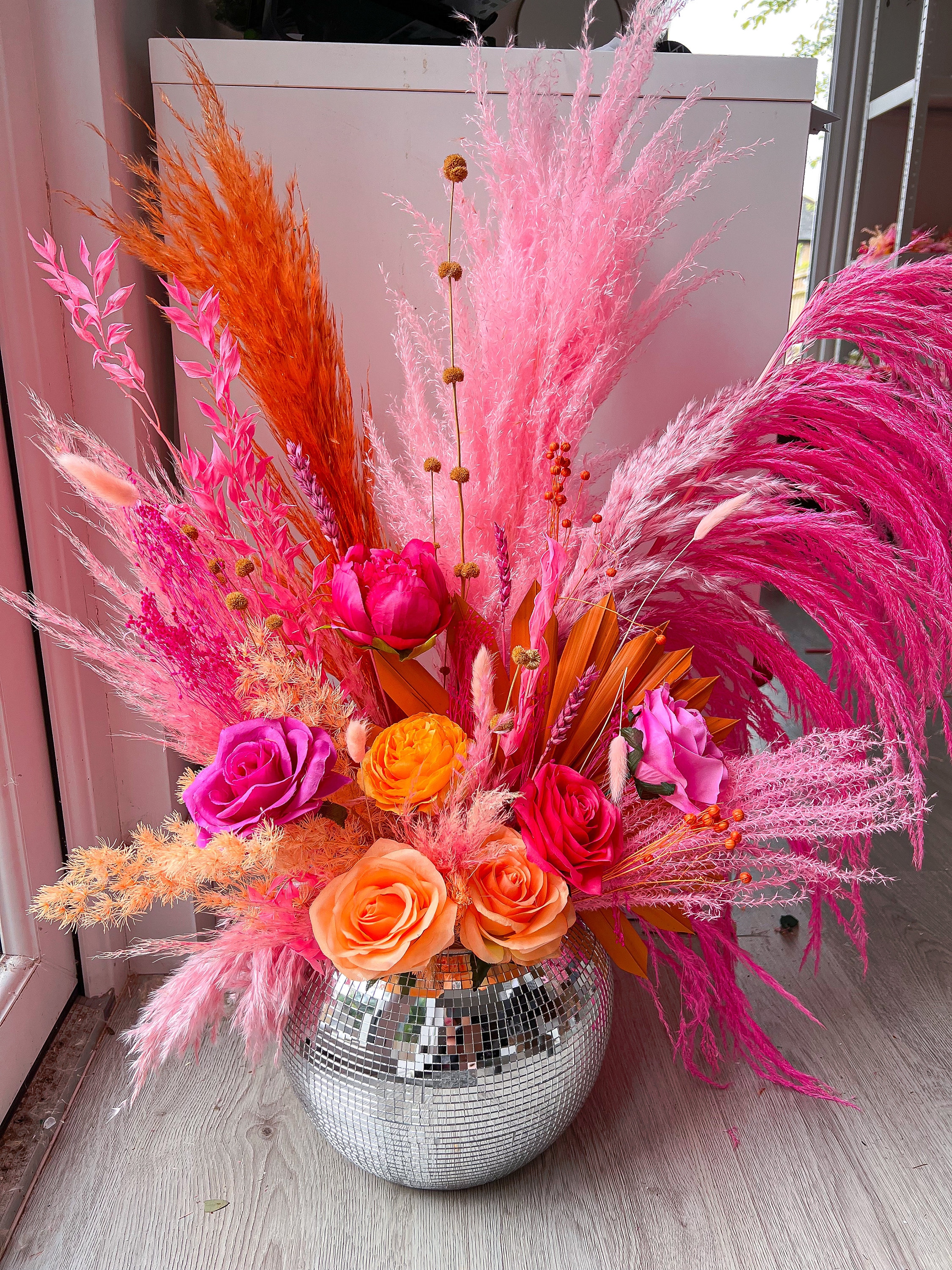 Hot Pink & Orange Disco Ball Flower Centerpiece: Disco Wedding Decor - Etsy
