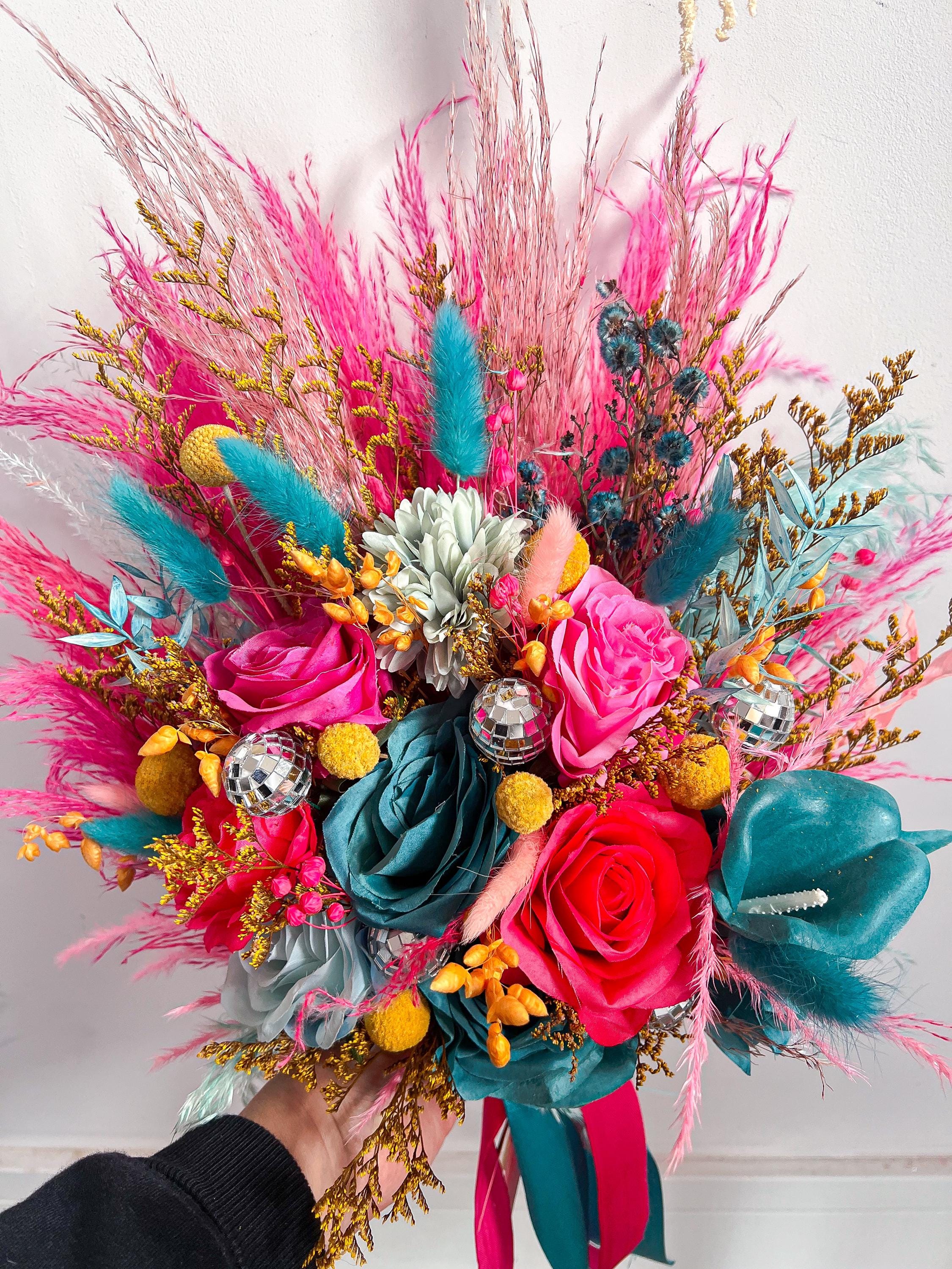 Hot Pink Teal & Mustard Disco Ball Bride Bouquet, Boho Dried Flower ...