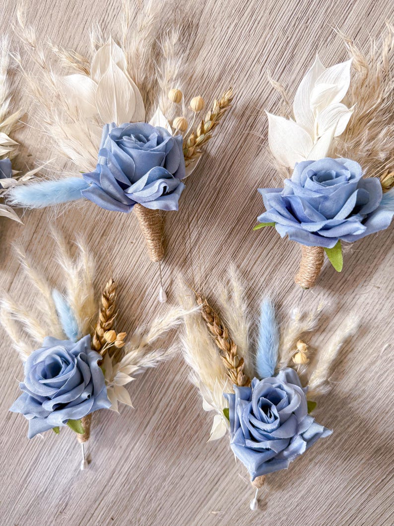 Baby Pale Blue Dried Flower Bridal Bouquet: Pampas Grass & Silk Roses ...