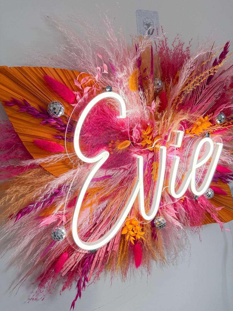 Pink Dried Flowers and Neon Sign, Disco Ball Wall Art, Salon Flower ...