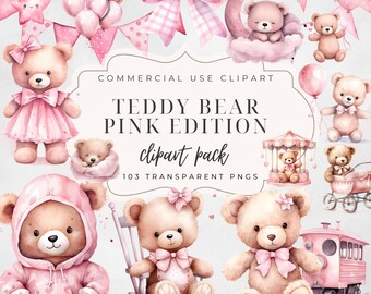 Sweet Baby Girl Teddy Bear Clipart Bundle Watercolor Baby Shower ...
