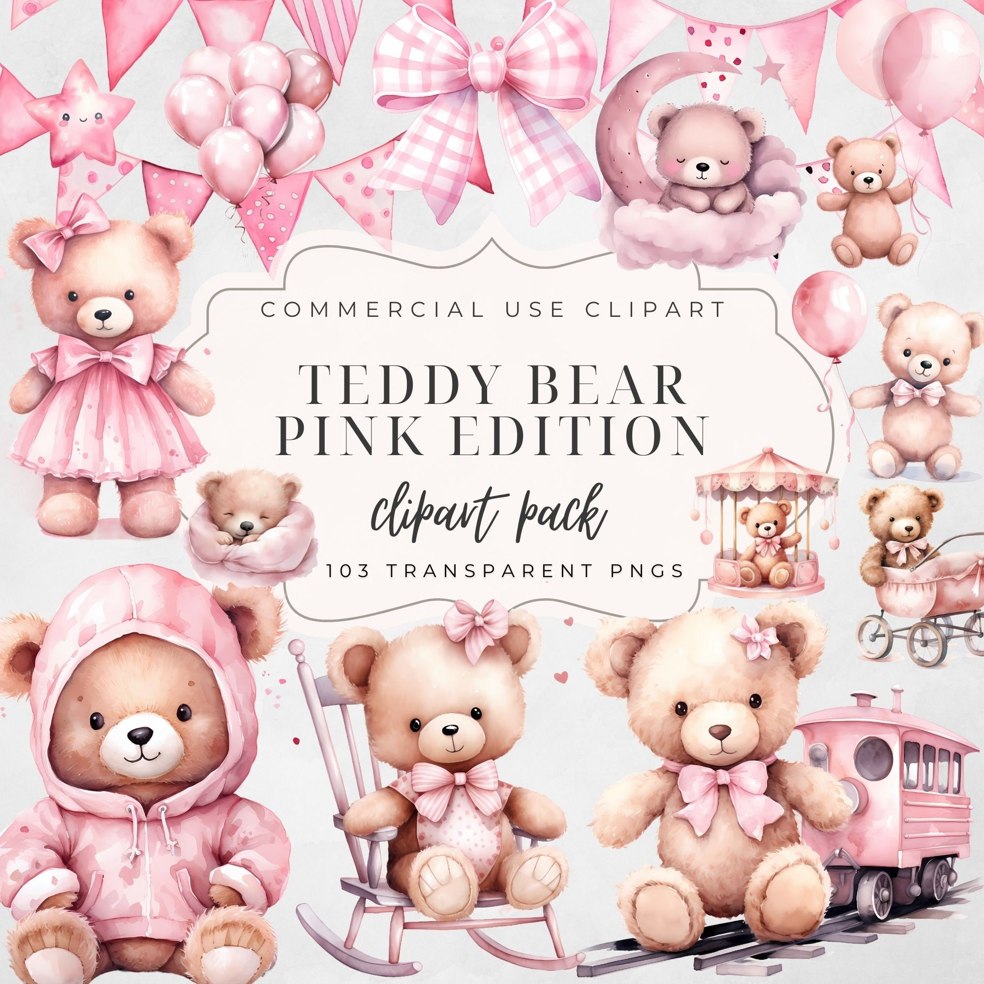 103 Sweet Baby Girl Teddy Bear Clipart Bundle Watercolor Baby Shower ...