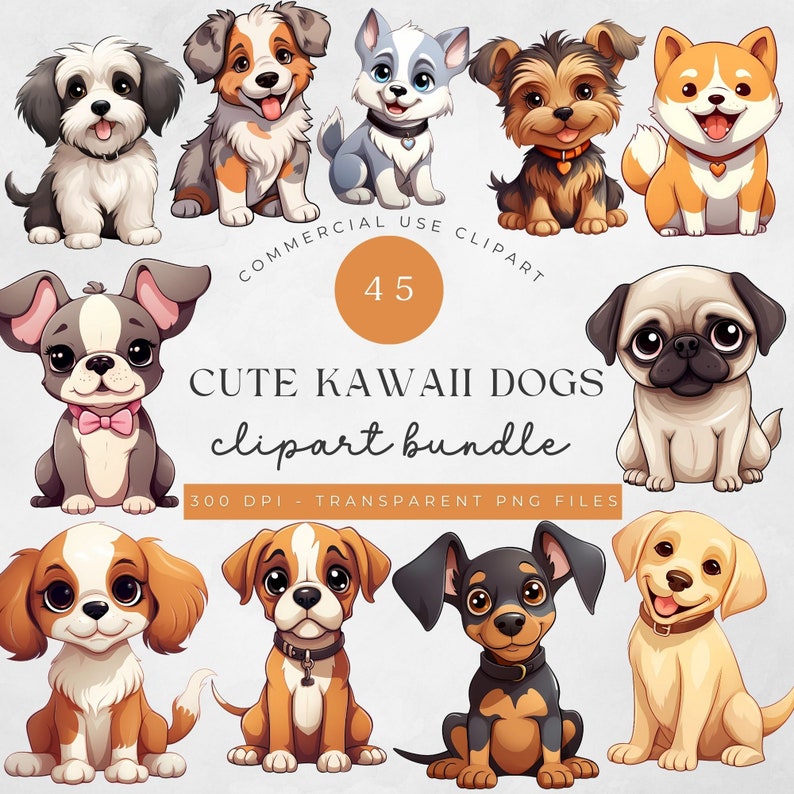 45 Dogs Clipart Bundle, Cute Dog Breeds PNG Printable, Kawaii Dogs for ...