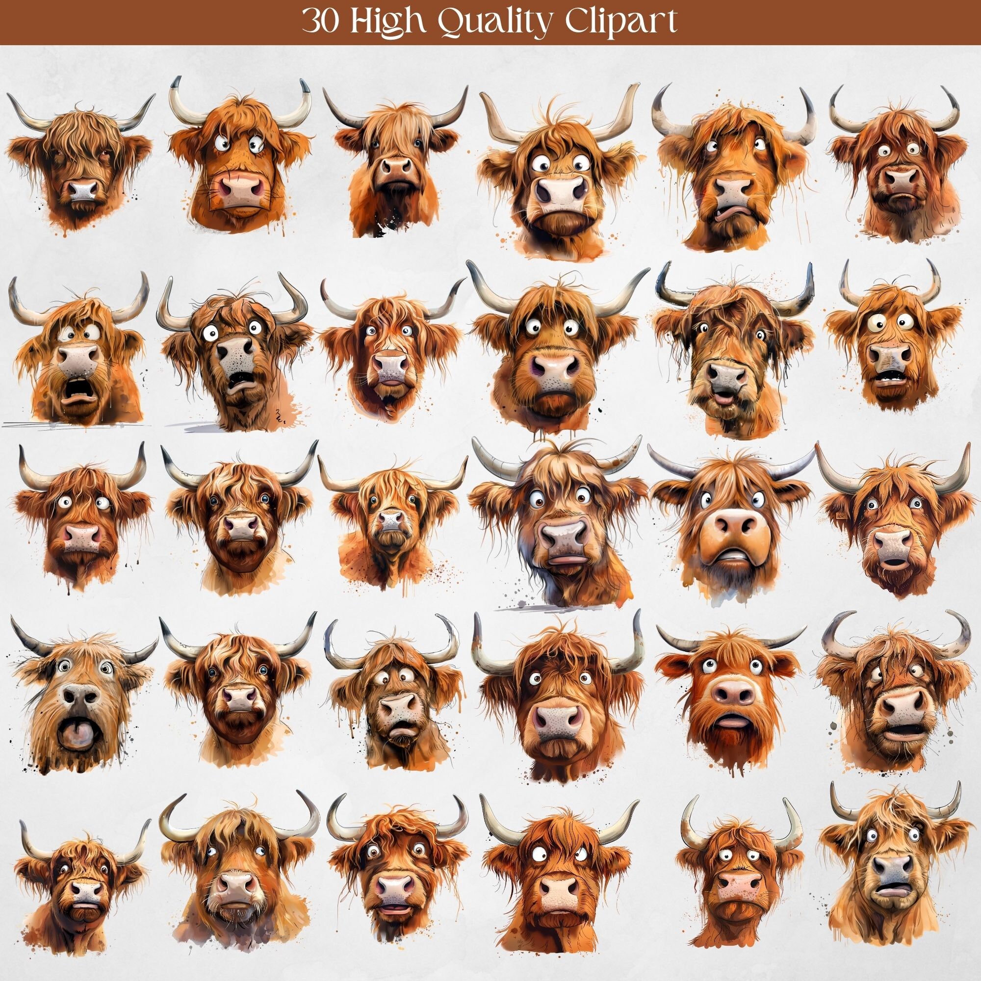 Quirky Highland Cow PNG Clipart Bundle Whimsical Cow Sublimation Clip ...