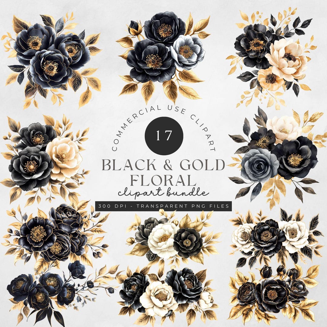 Black and Gold Bouquet Clipart, Watercolor Flower Bouquets Arrangement ...