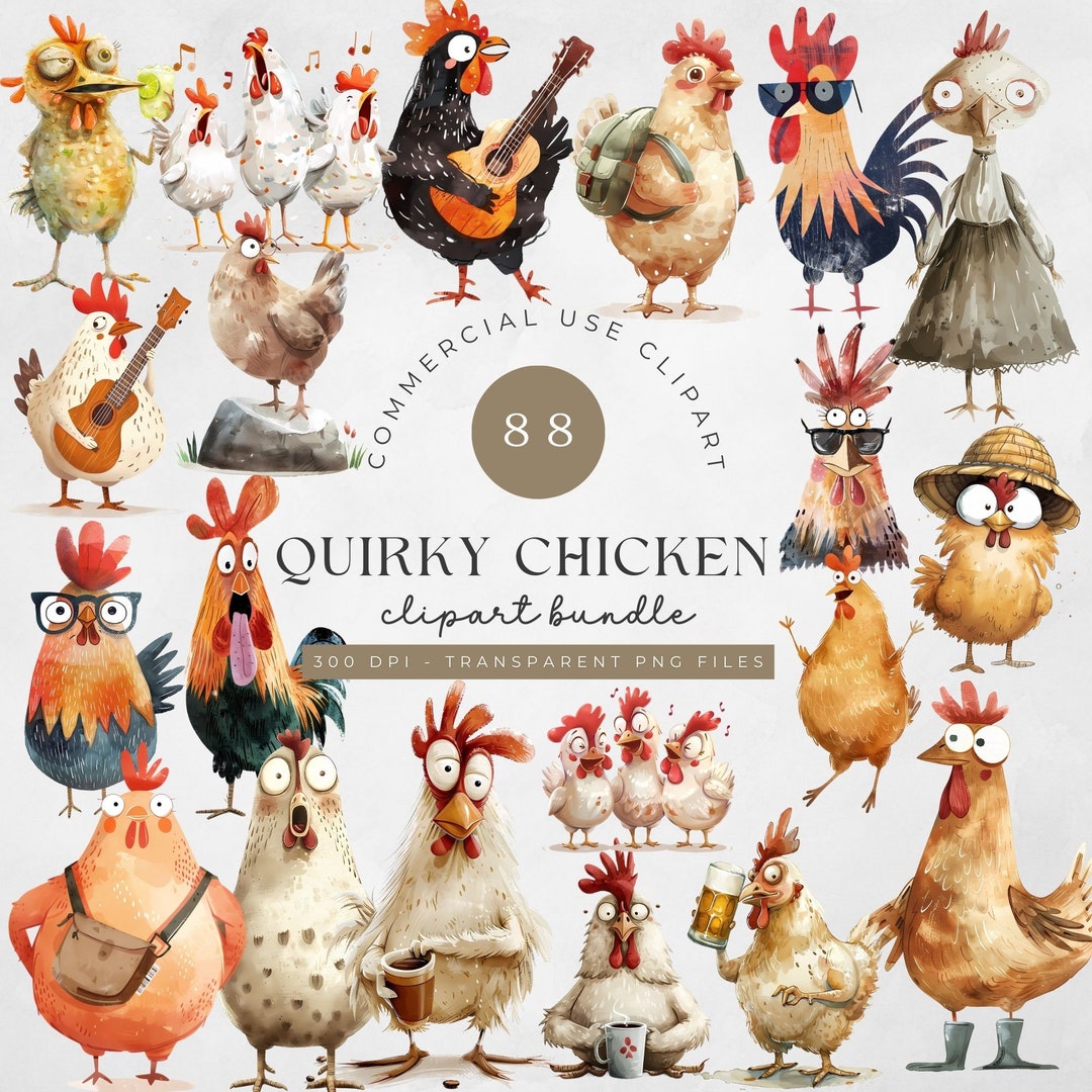 Quirky Chicken Clipart Bundle, Funny Farm Animal, Rooster, Hen, Farm ...