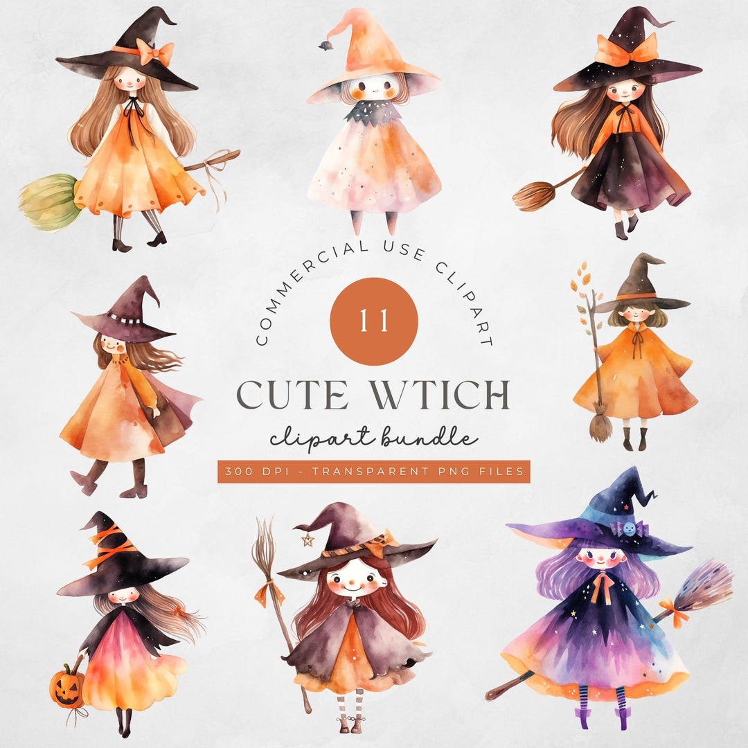 Cute Kawaii Witch Clipart, Cartoon, Watercolor, Halloween Kid Nursery ...