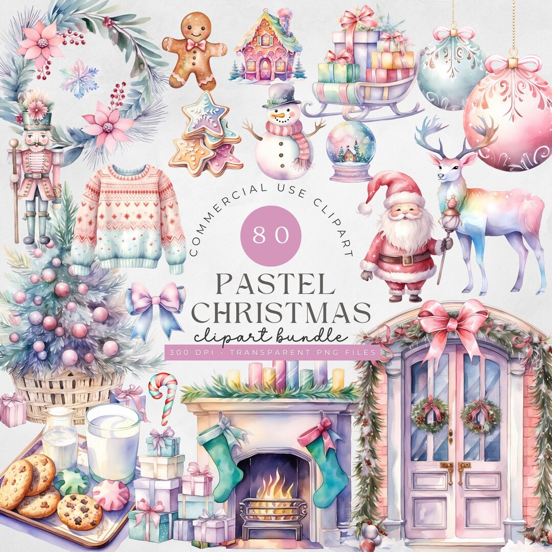 Pastel Christmas Clipart: Watercolor Winter Graphics (80 PNG) - Etsy