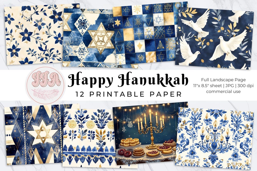Watercolor Hanukkah Digital Paper Pack Junk Journal Pages Manorah ...