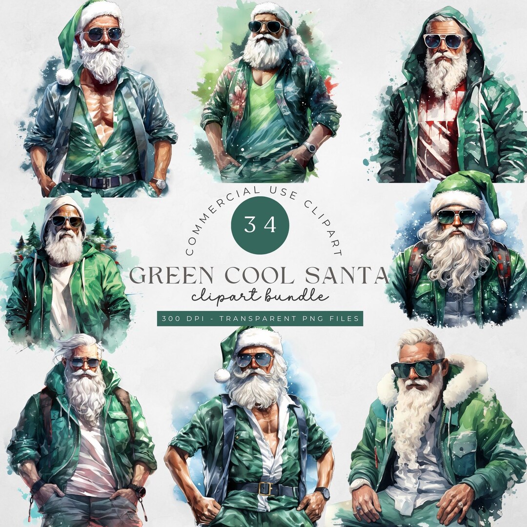 Cool Santa Clipart, Watercolor Style, Hipster Vibe, PNG Transparent ...