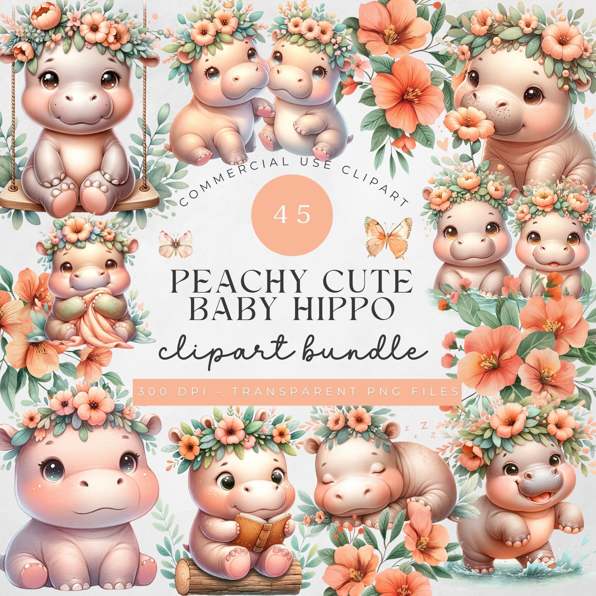 Cute Baby Hippo Clipart Bundle, Hippopotamus, Hippo Clipart, Hippo PNG ...
