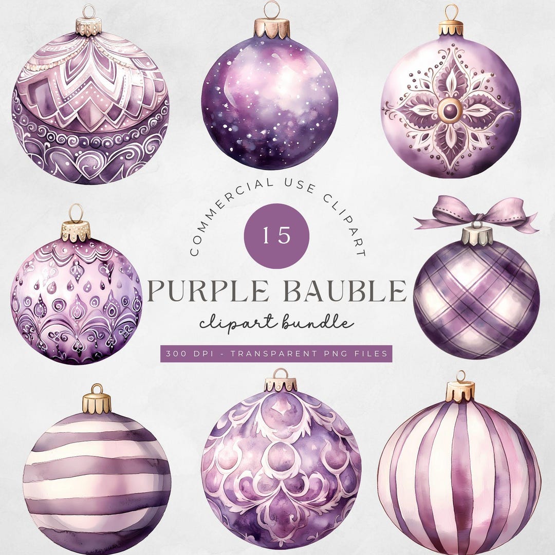 Watercolor Purple Baubles Clipart Bundle Hanging Ornament Christmas ...
