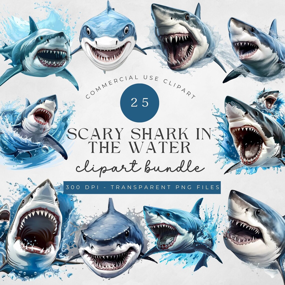 25 Ocean Sharks Watercolor Clipart, Underwater Sea Life Instant ...
