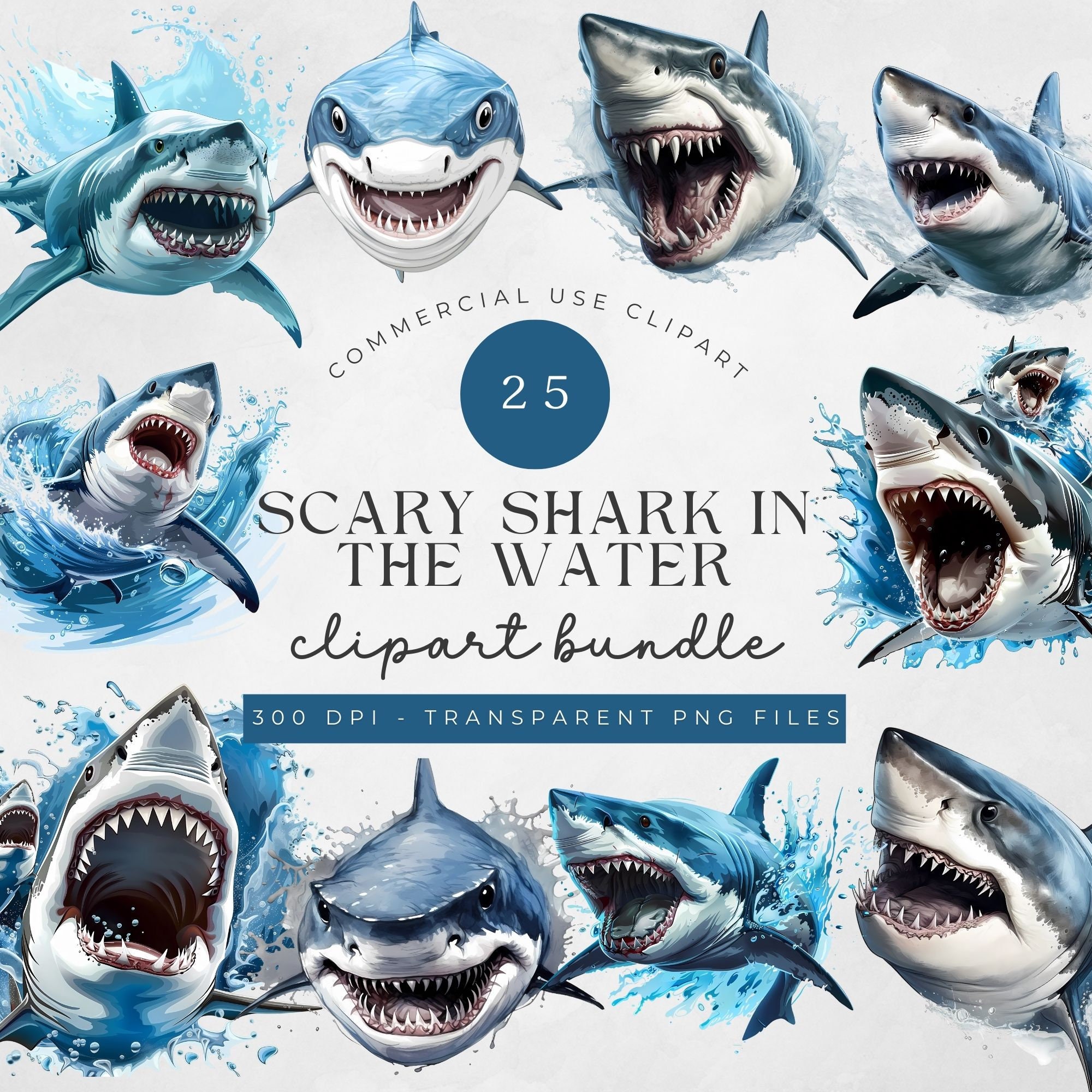 25 Ocean Sharks Watercolor Clipart, Underwater Sea Life Instant ...