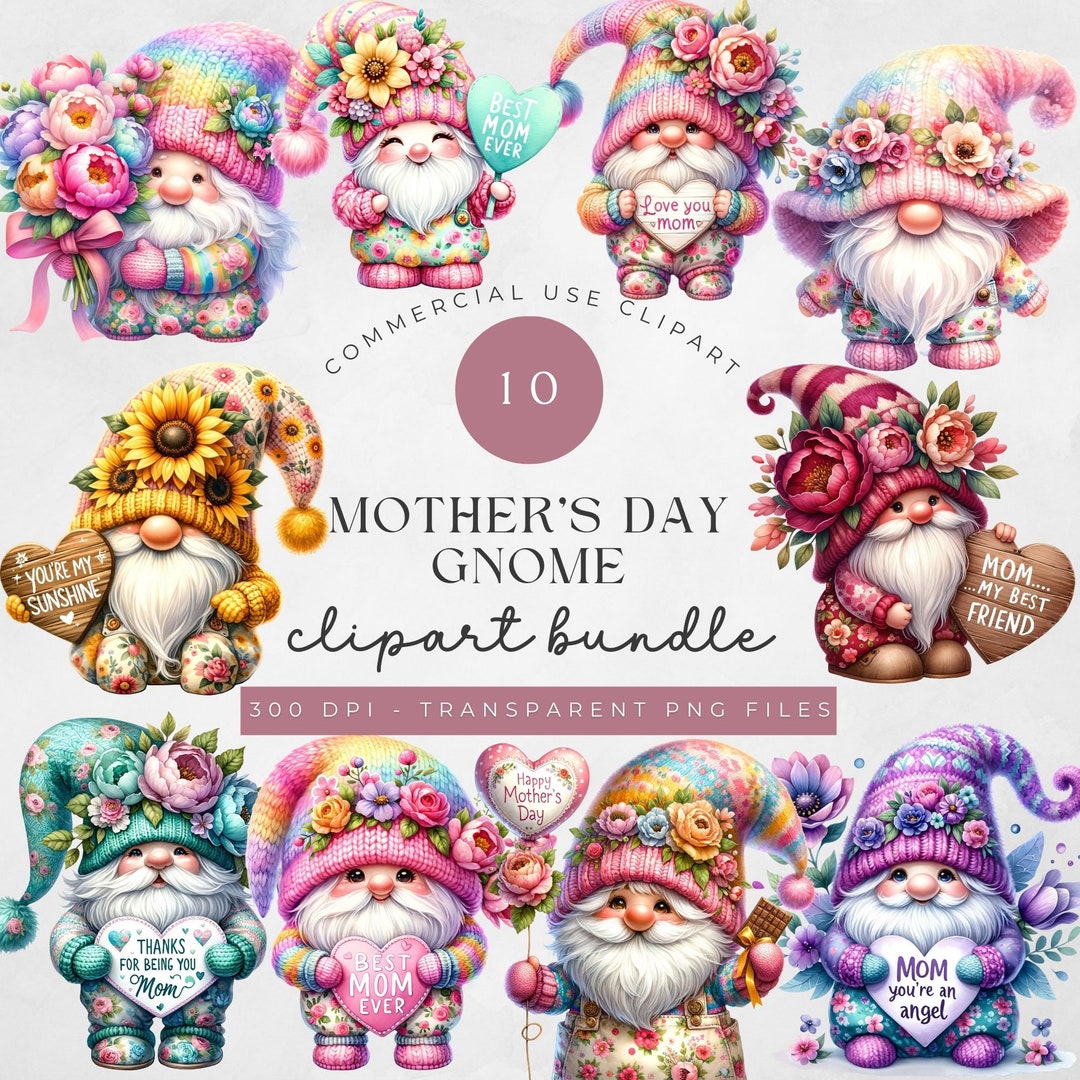 Watercolor Mothers Day Gnomes Collection Clipart, 10 PNG Garden Gnome ...