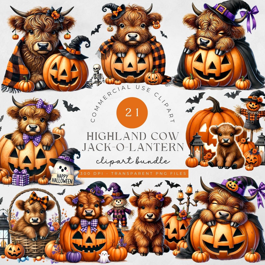 Halloween Highland Cow Clipart: Pumpkin PNG Bundle - Etsy