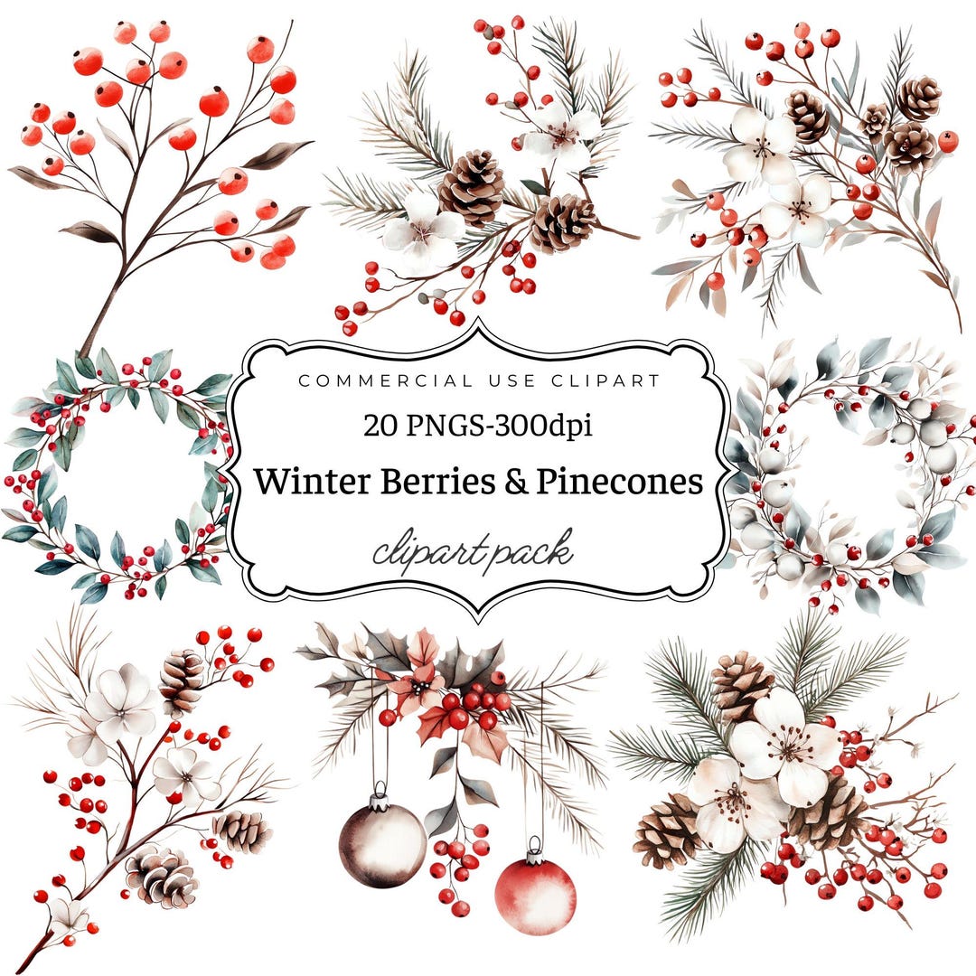 Christmas Greenery Clipart, Watercolor PNG Digital Download, Holiday ...