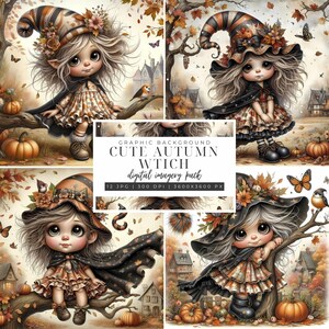 Whimsical Cute Witch Digital Background, Watercolor Halloween Witches ...