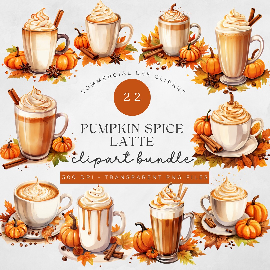 Watercolor Pumpkin Latte Clipart, 22 PNG Watercolor Autumn Coffee ...