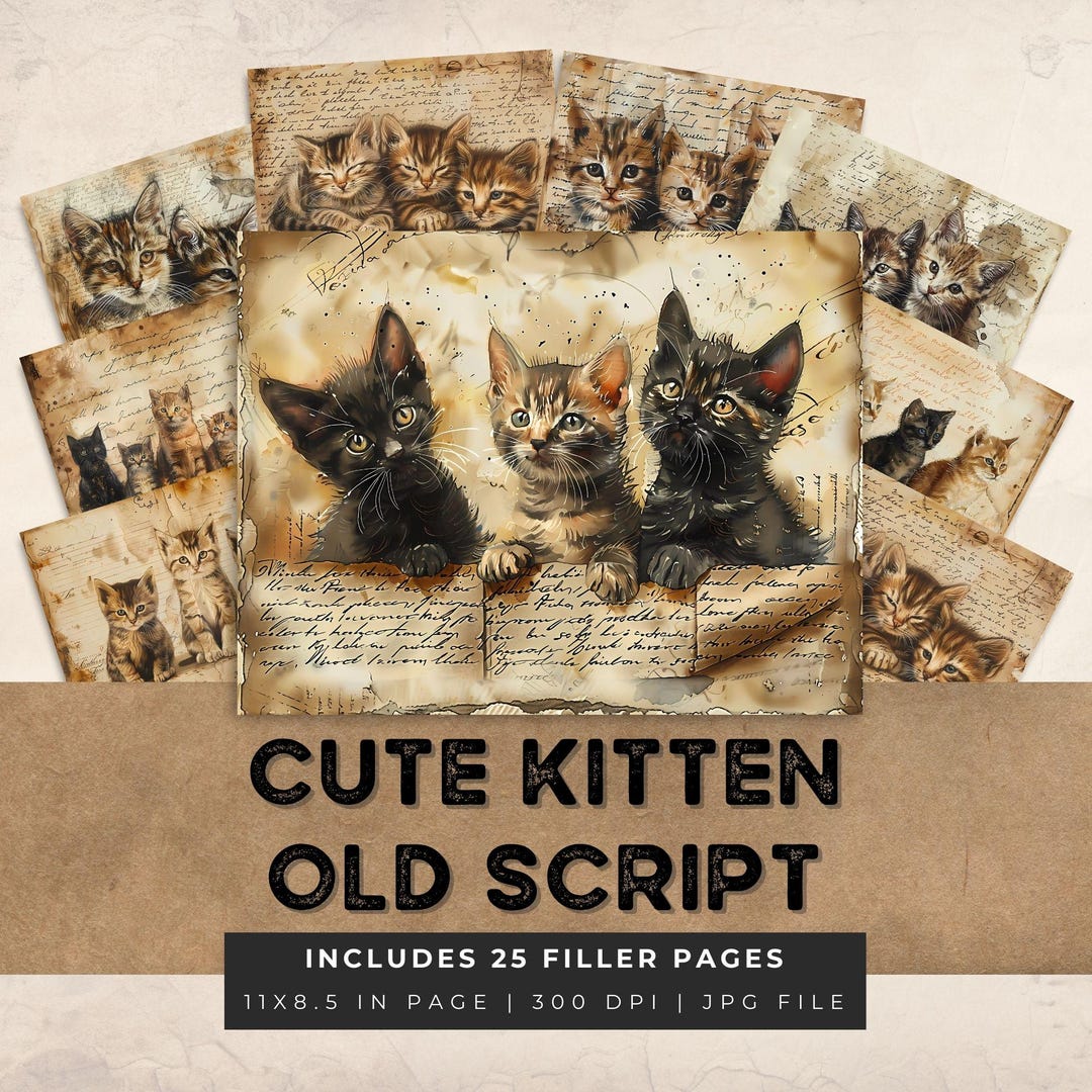 Cute Kitten Old French Script Background Junk Journal Kit Grunge Page ...