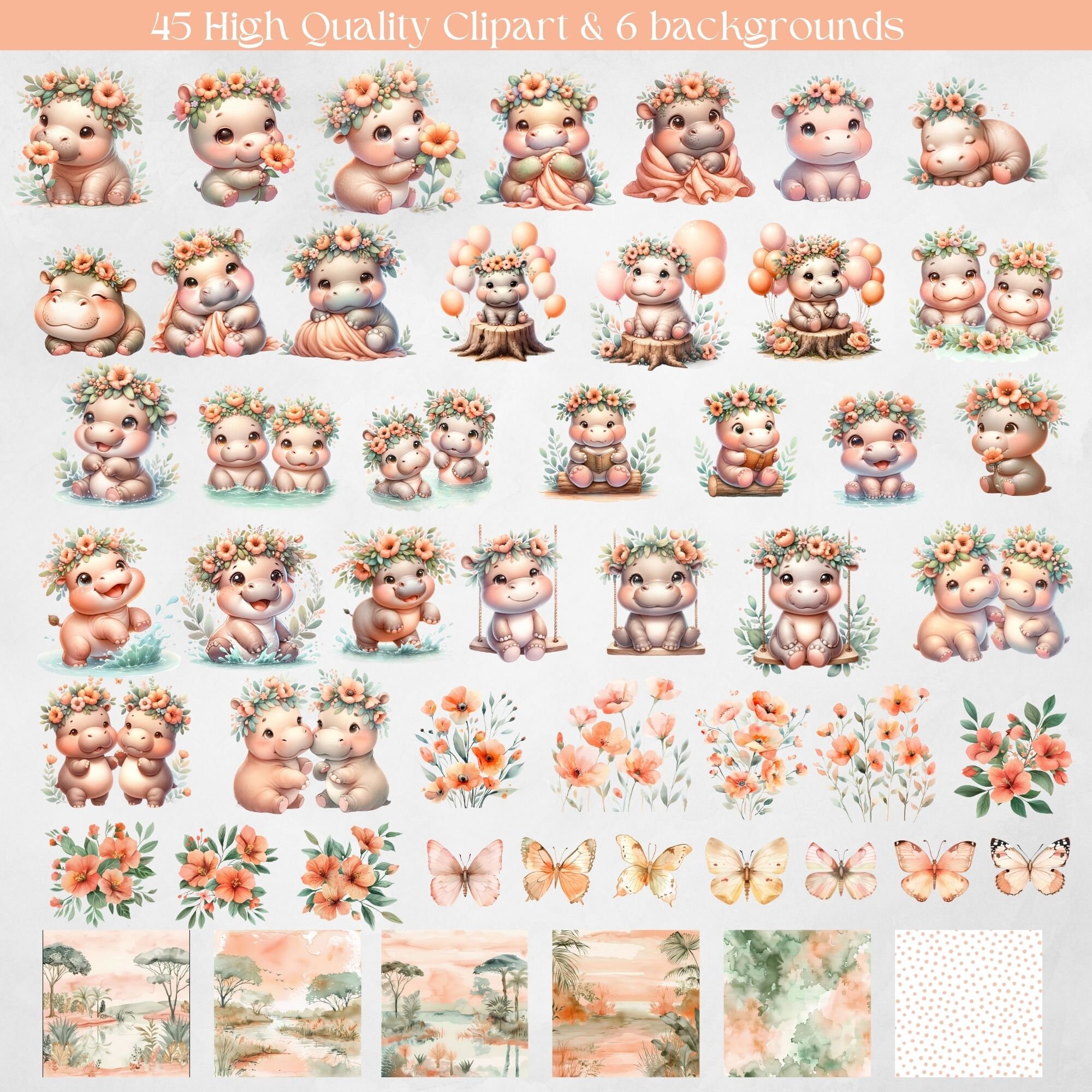 Cute Baby Hippo Clipart Bundle, Hippopotamus, Hippo Clipart, Hippo PNG ...