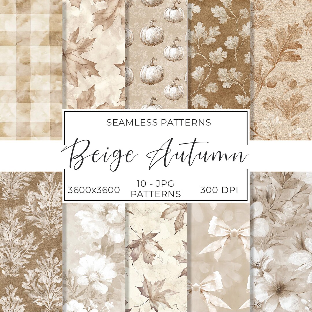 Beige Sepia Autumn Fall Seamless Pattern, Neutral Gingham Watercolor ...