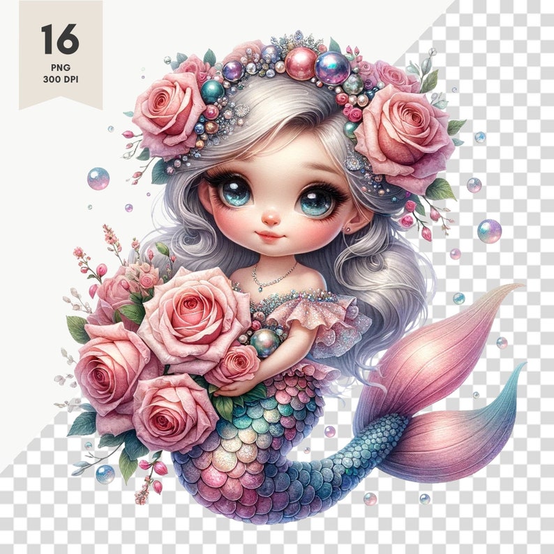16 Adorable Watercolor Mermaid Clipart Graphic Set, 60 PNG Under Sea ...