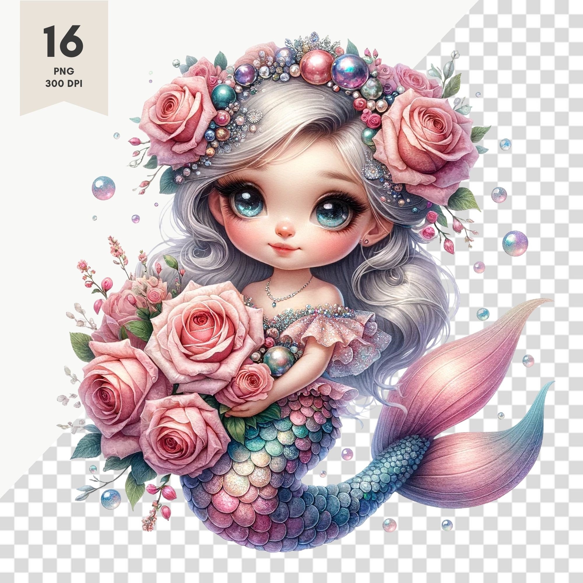 16 Adorable Watercolor Mermaid Clipart Graphic Set, 60 PNG Under Sea ...