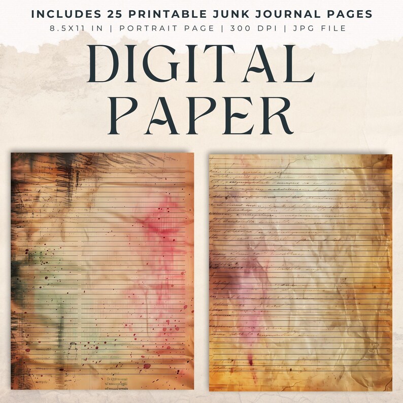 Grungy Stained Old Lined Papers, Neutral Junk Journal Pages, 8.5x11 ...