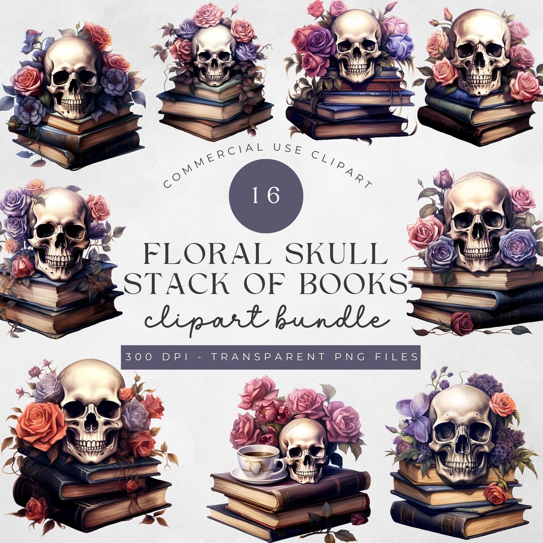 Creepy Stack of Books Clipart Bundle, Skeleton Book Watercolor, Book ...