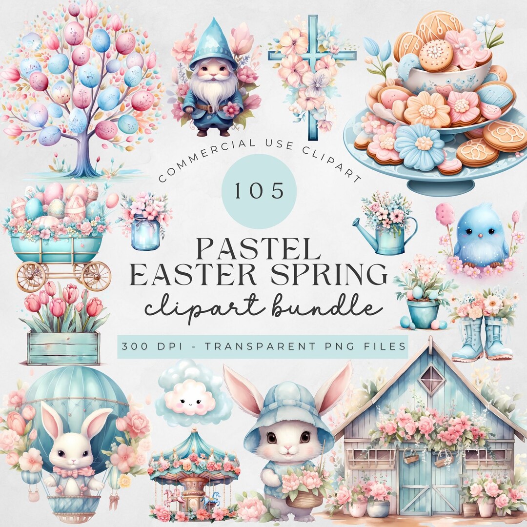 Cute Easter Bunny Clipart, DIGITAL DOWNLOAD, Pastel Watercolor Spring ...
