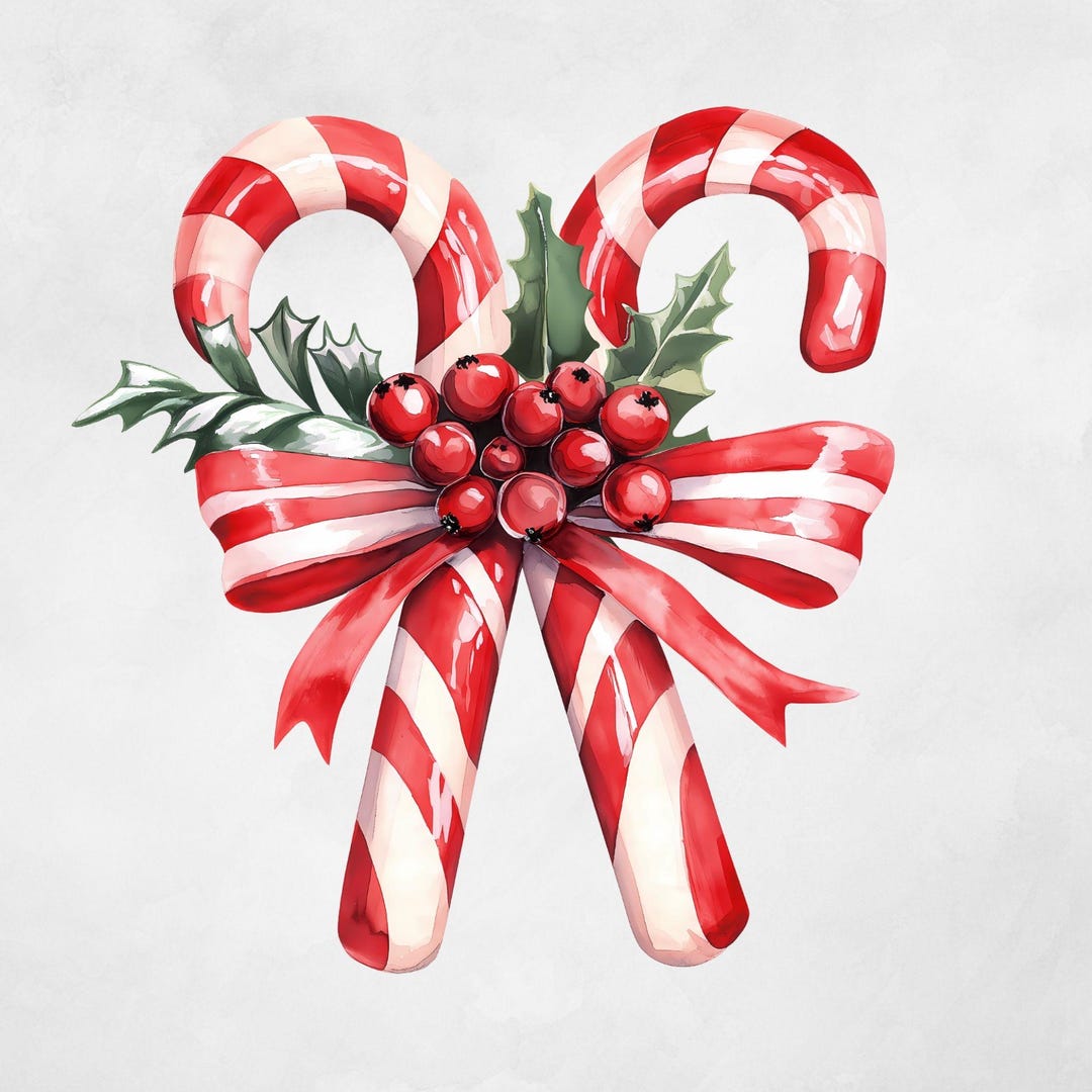 Candy Cane Bow Holly Berries Christmas Single Clipart, PNG, Sublimation ...