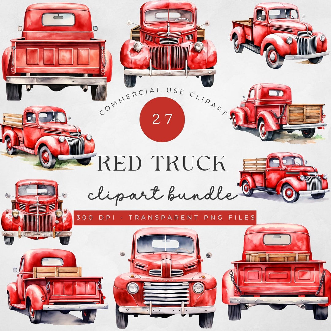 Watercolor Red Truck Clipart Bundle, Vintage Farm Truck, Cottagecore ...