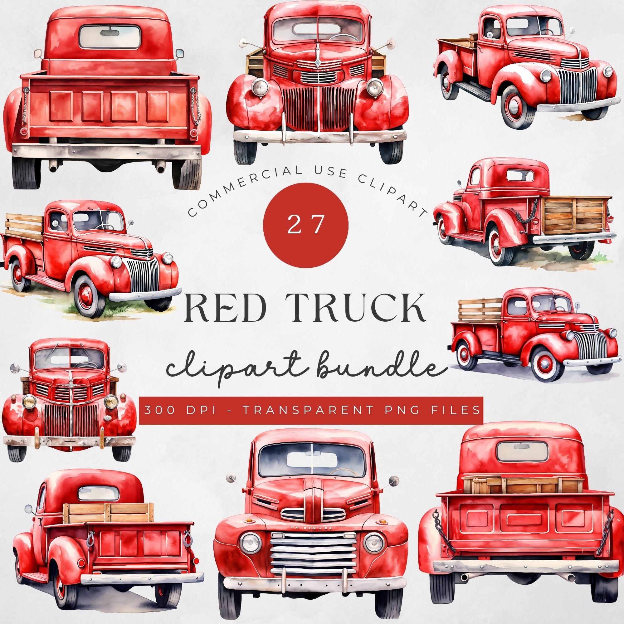 Watercolor Red Truck Clipart Bundle, Vintage Farm Truck, Cottagecore ...
