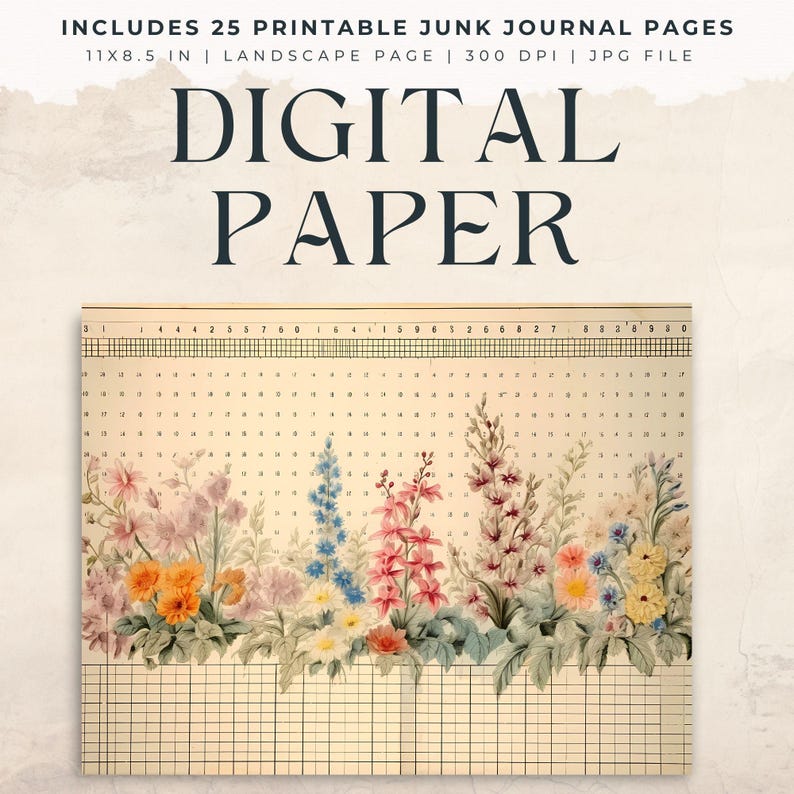 Wildflower Floral Ledger Junk Journal Pages, Flower Digital Paper ...
