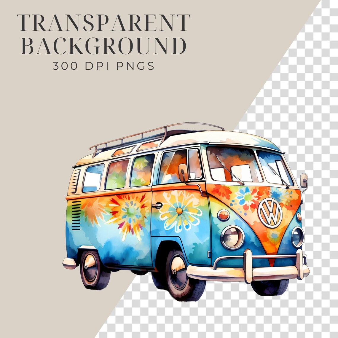 Watercolor Retro Van Clipart: 60s 70s Groovy PNG (digital Download) - Etsy
