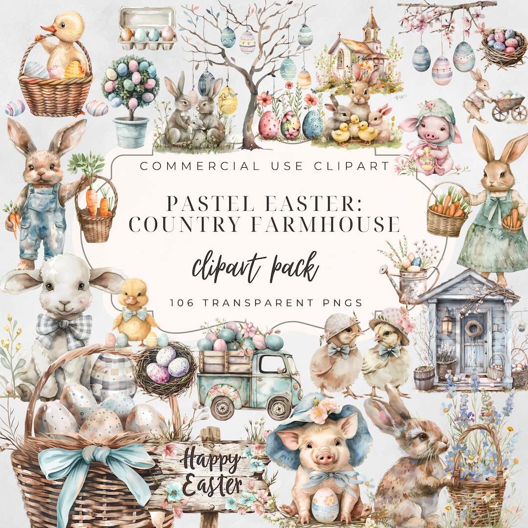 106 Watercolor Farmhouse Country Easter Clipart Bundle, Pastel ...
