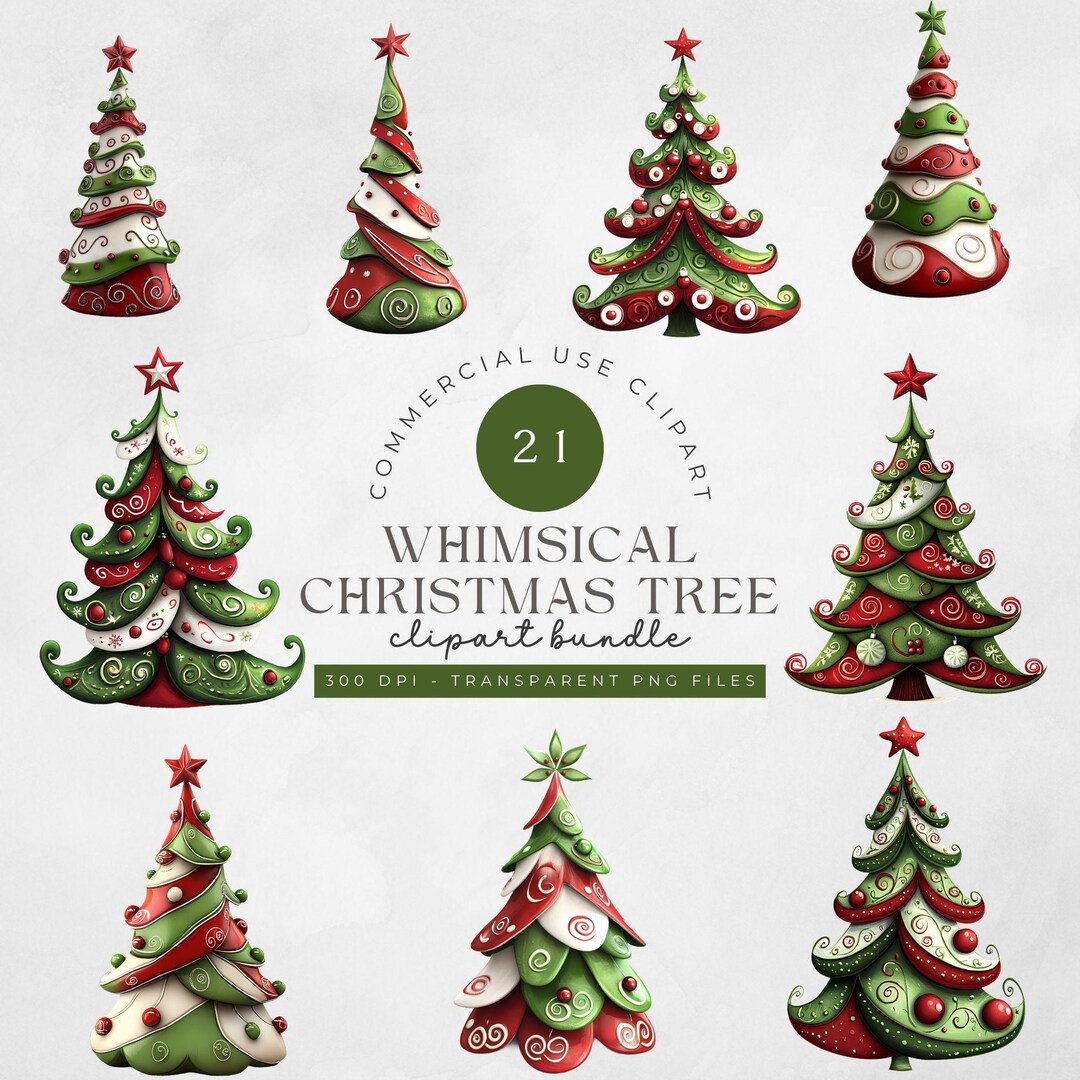 Whimsical Christmas Tree Clipart Pack Festive Winter Holiday Art ...