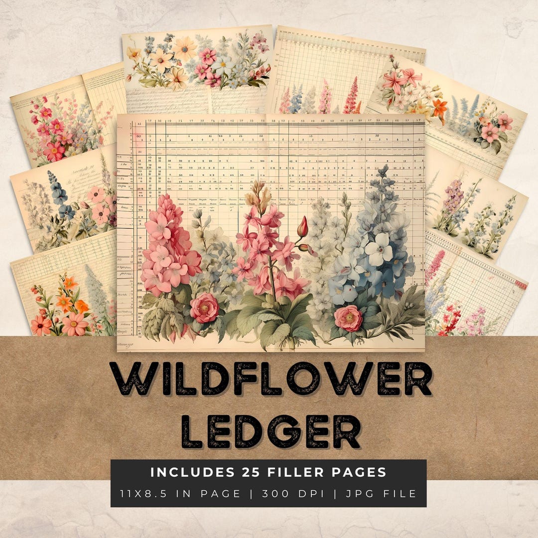 Wildflower Floral Ledger Junk Journal Pages, Flower Digital Paper ...