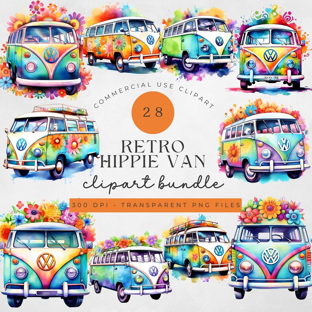 Watercolor Retro Vintage Van Clipart Bundle, Digital Download ...