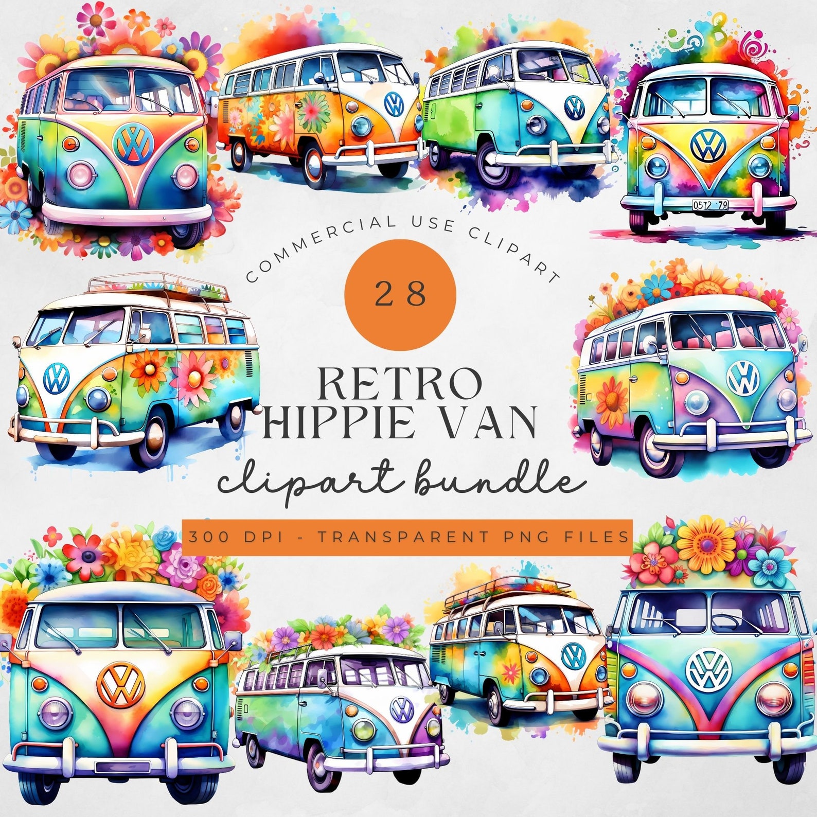 Watercolor Retro Van Clipart: 60s 70s Groovy PNG (digital Download) - Etsy