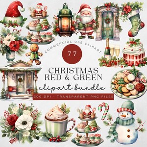 Red Christmas Clipart Watercolor Bundle, Transparent PNG, Winter ...