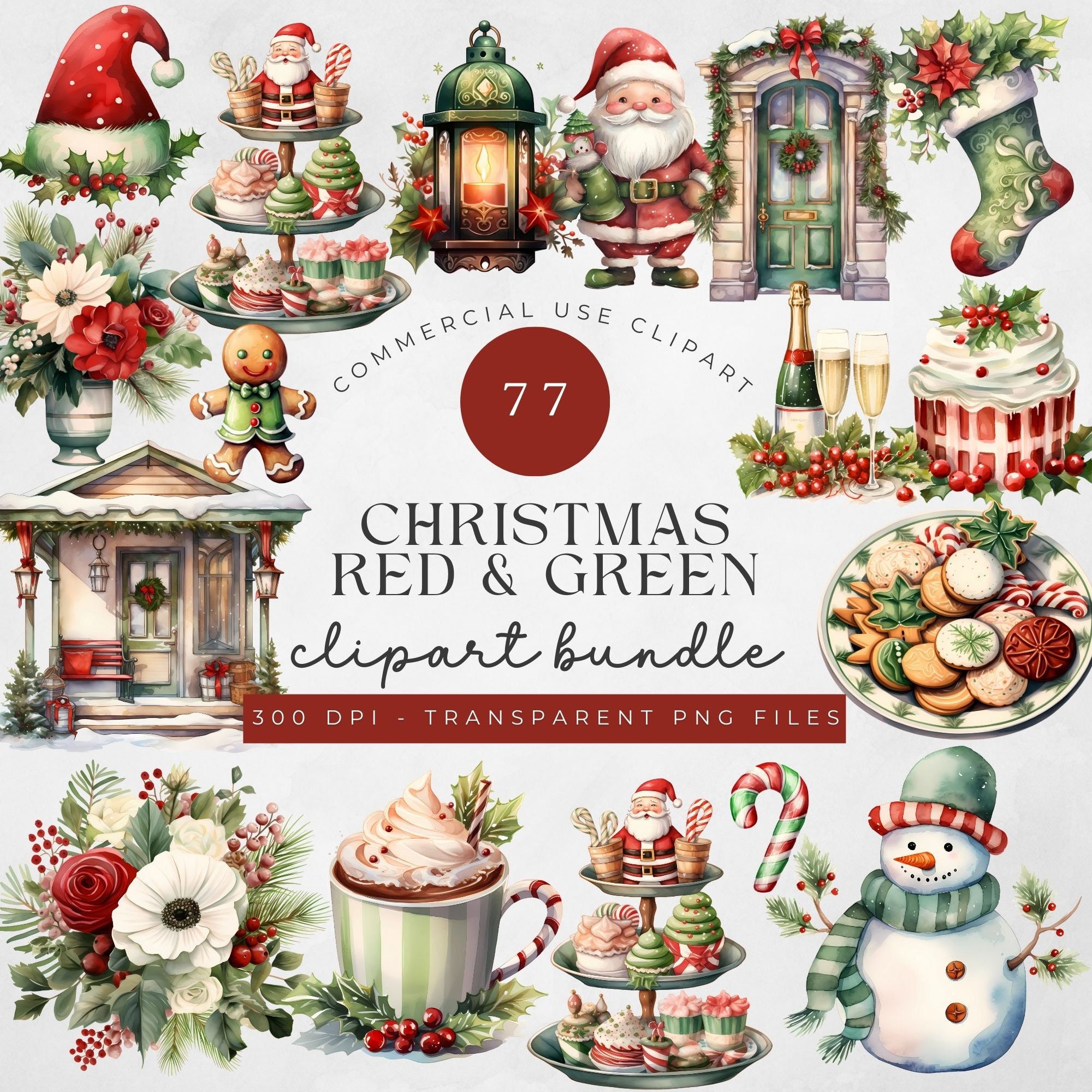 Red Christmas Clipart Watercolor Bundle: Holiday PNG (digital Download ...