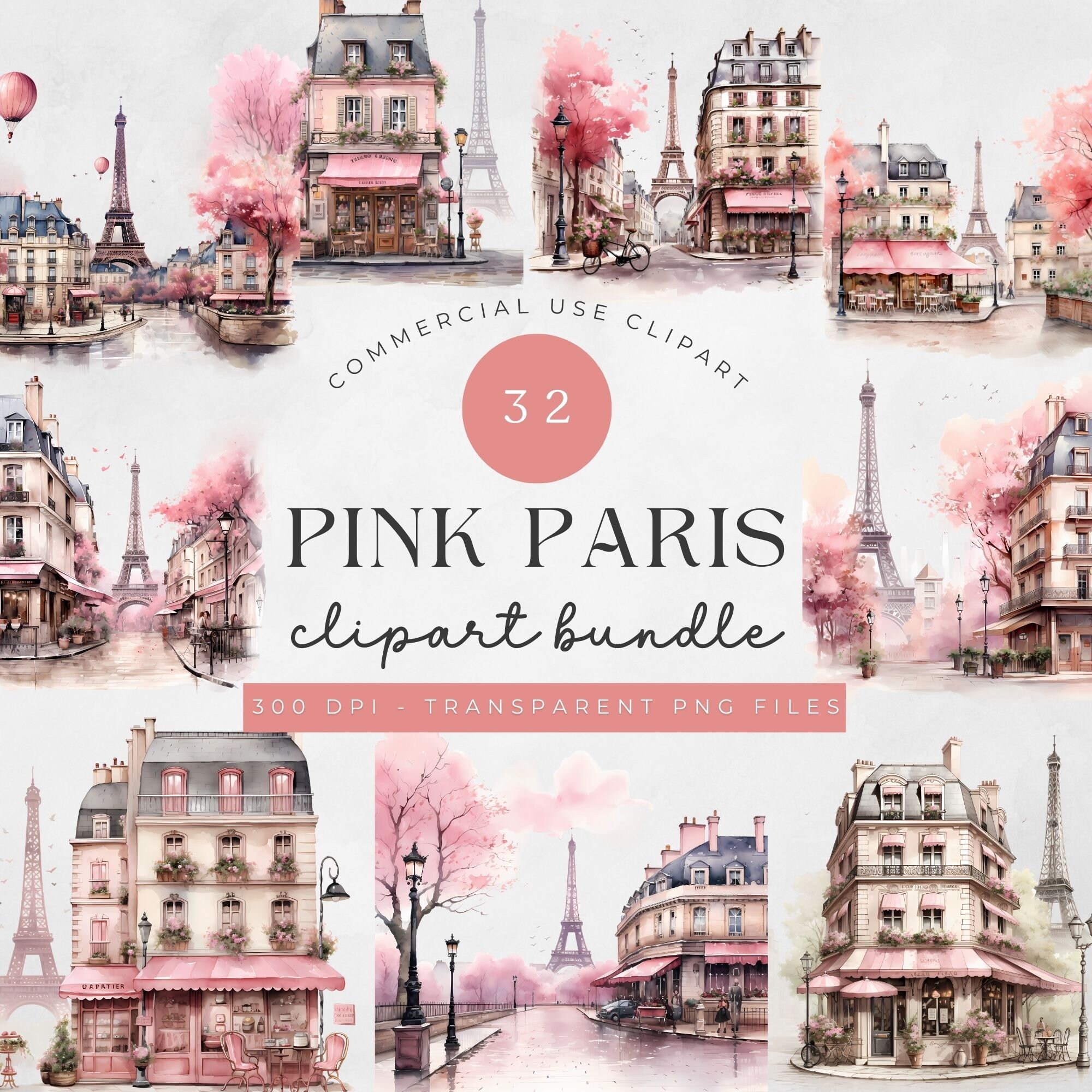 32 Pink Paris Clipart Bundle PNG Watercolor Romantic Paris French ...